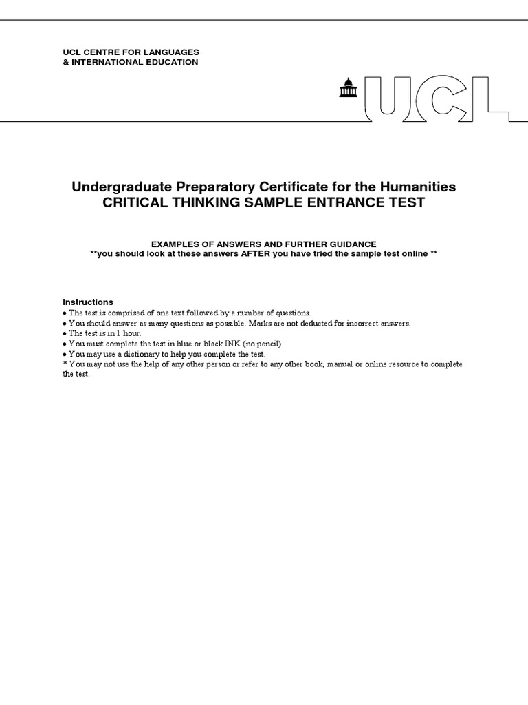UCL Critical Thinking Sample Test Guide | PDF | Argument | Science