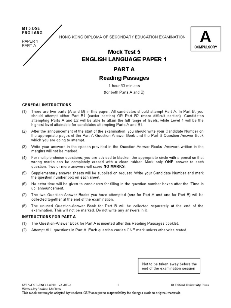 Mock Test 5 English Language Paper 1 Part A Reading Passages | PDF ...