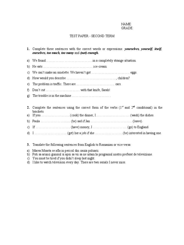 Second Term Test Paper: English Exercises | PDF