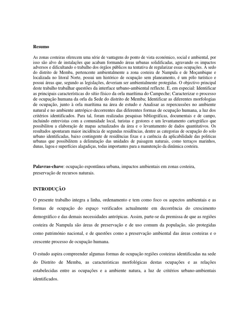 Analise Do Ordenamento Territorial Na Zona Costeira de Moçambique ...