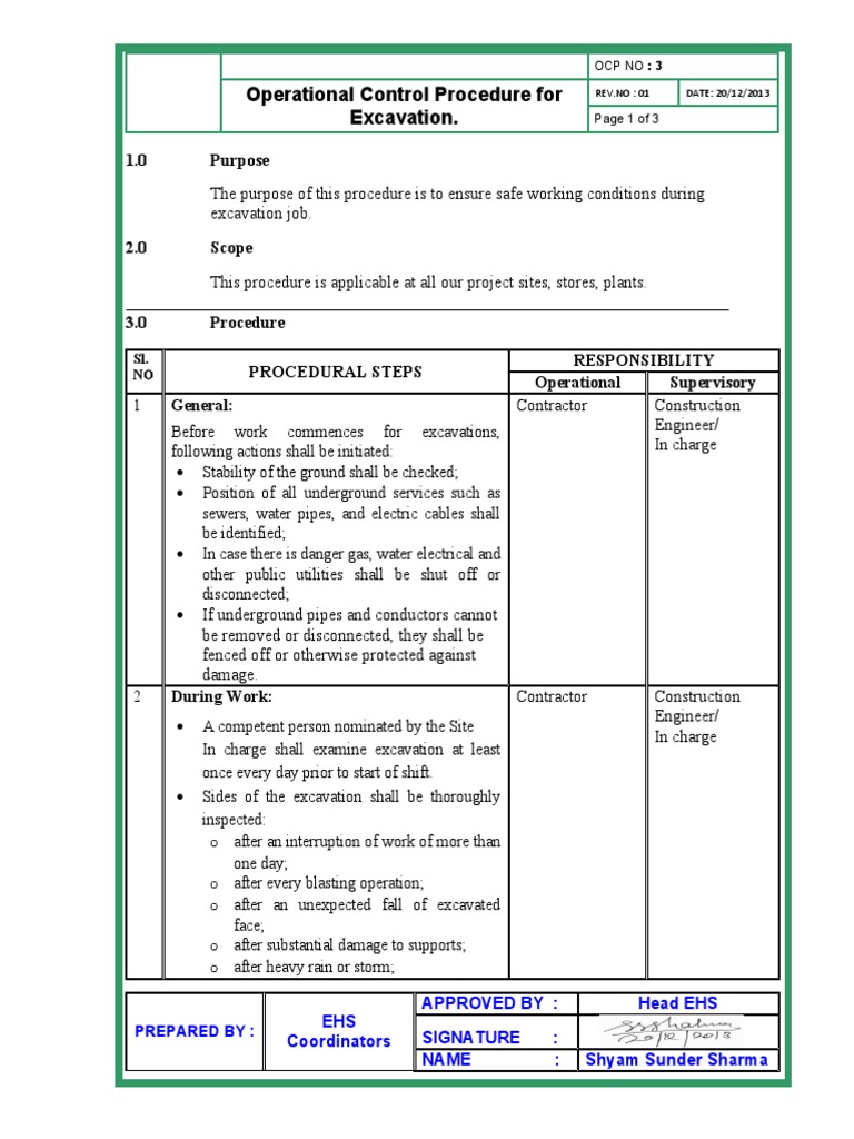 Operational Control Procedure For Excavation.: 1.0 Purpose | PDF ...