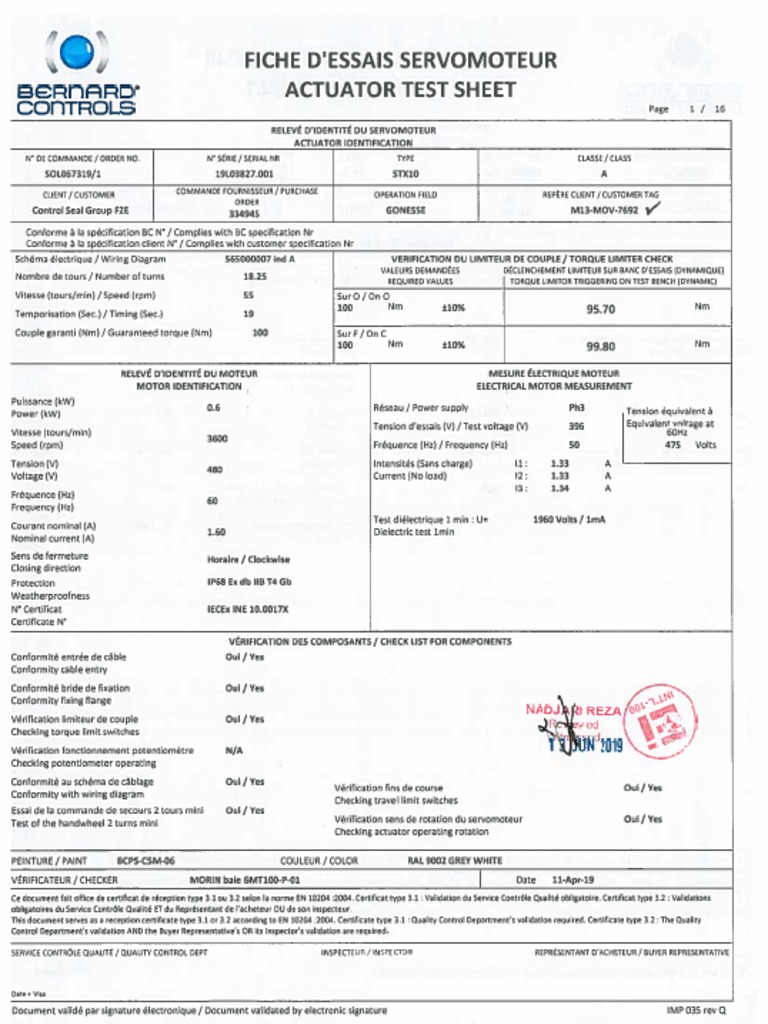 Actuator Certificates Test Sheet | PDF