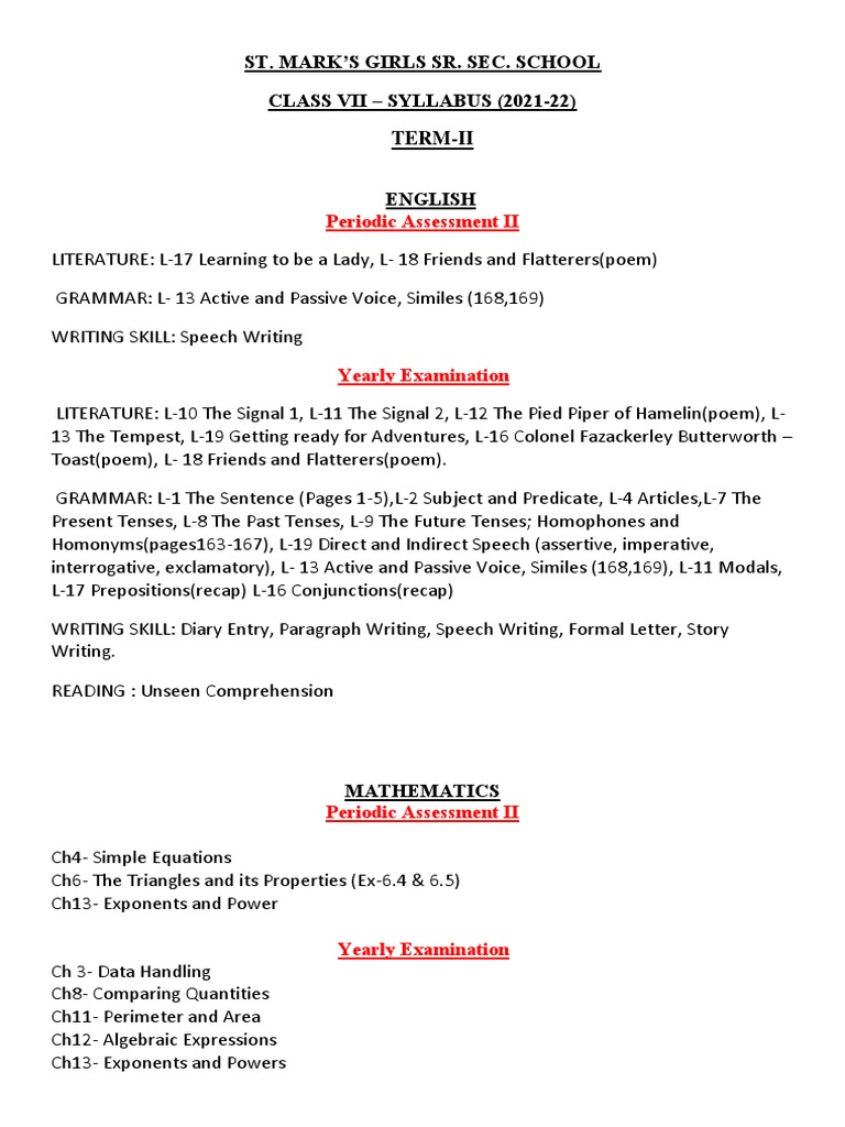 St. Mark'S Girls Sr. Sec. School CLASS VII - SYLLABUS (2021-22) Term-Ii ...