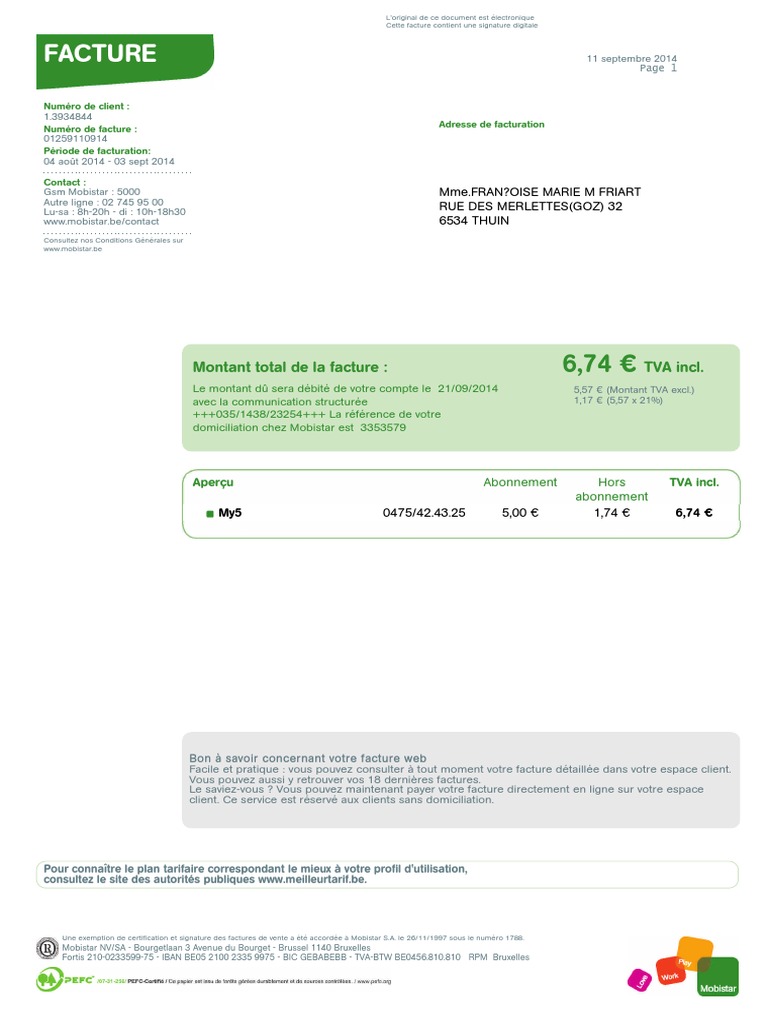 Facture Mobistar Orange Belgique | PDF | Télécommunications | Secteurs ...