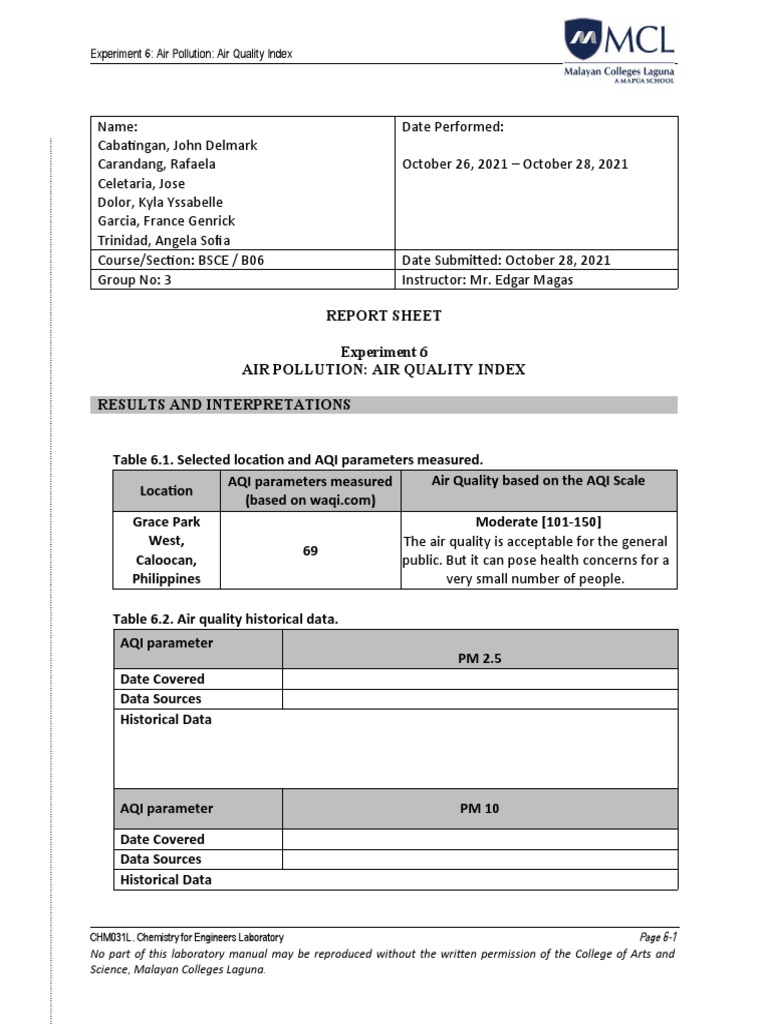 Experiment 6: Air Pollution: Air Quality Index | PDF | Environmental ...