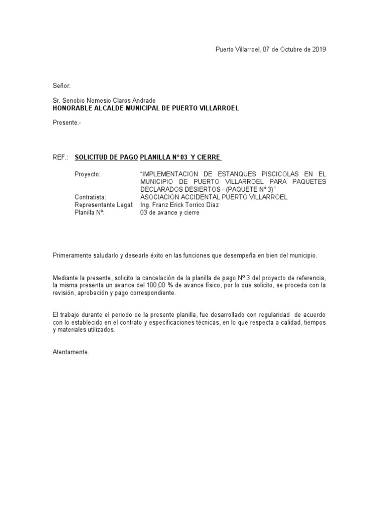 Erick Solicitud de Pago Empresa A Alcalde Planilla 3 | PDF