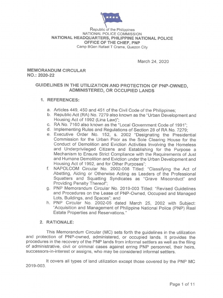 PNP MC No. 2020 22 Guidelines in The Utilization and Protection of PNP Lands | PDF