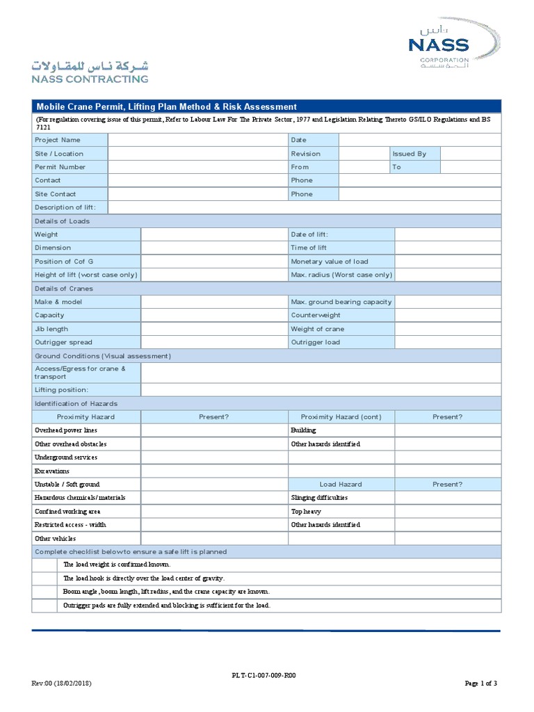 Mobile Crane Permit, Lifting Plan Method & Risk Assessment | Download ...