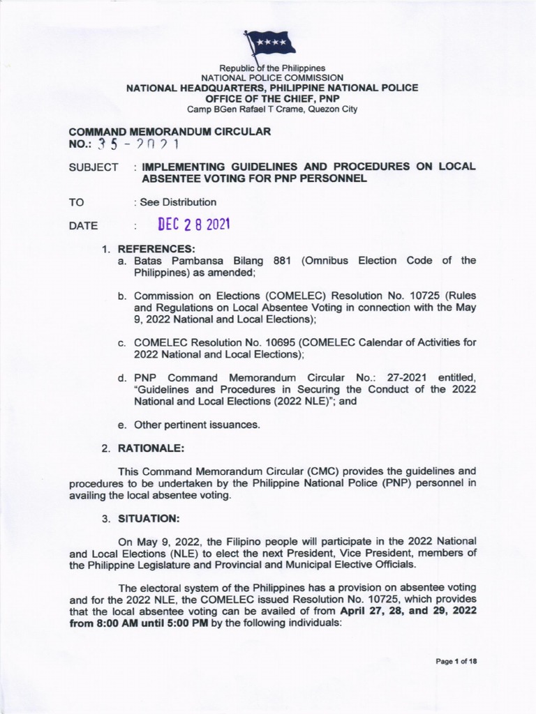 Implementing Guidelines and Procedures On Local Abdentee Voting For PNP ...
