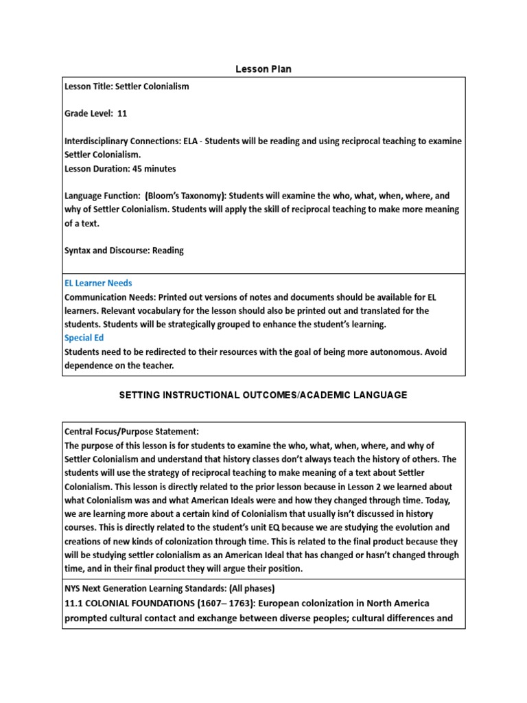 Settler Colonialism Lesson | PDF | Education Theory ...