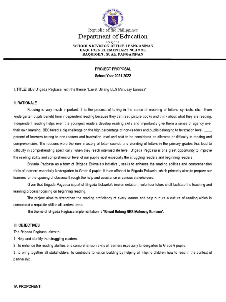 BES Brigada Pagbasa Project Proposal | PDF | Reading Comprehension ...