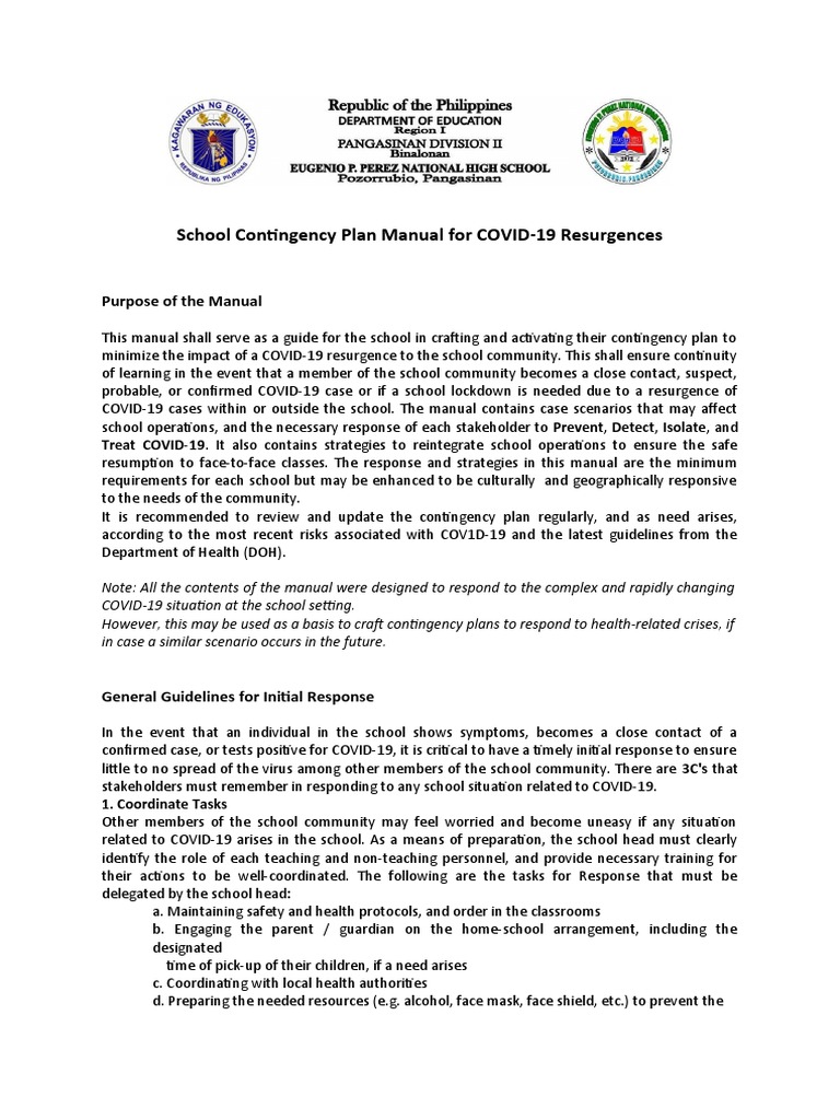 COVID-19 School Contingency Plan Manual | PDF | Infection | Quarantine
