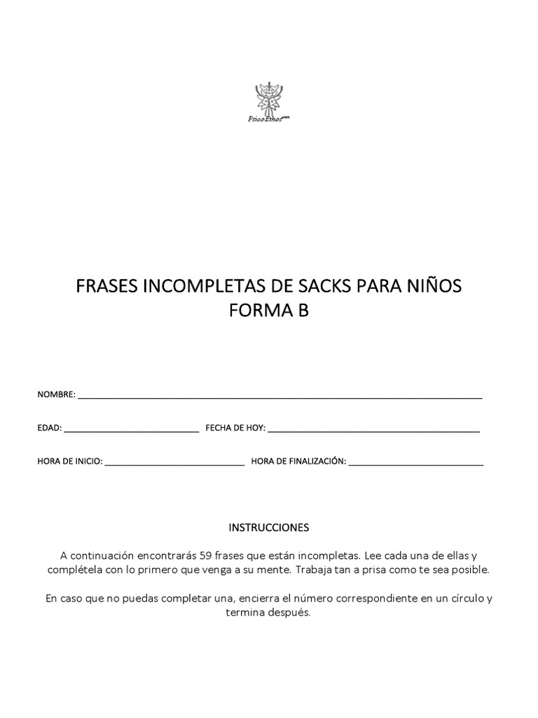 Test de SACKS Infantil B (Aplicación) | PDF
