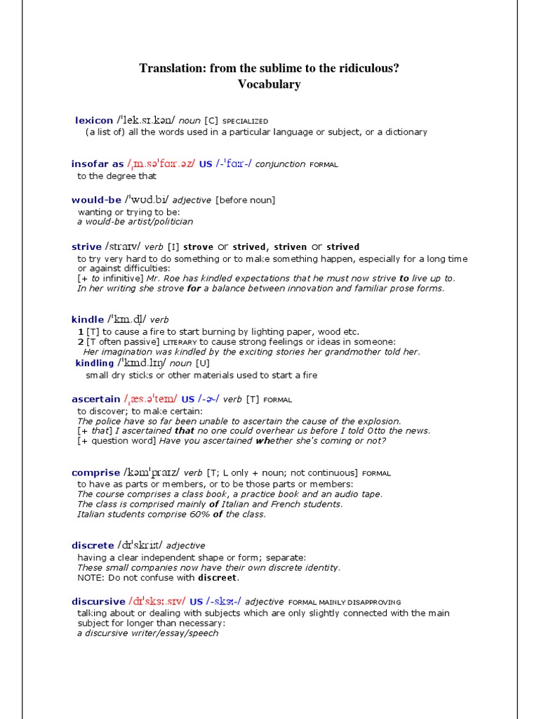 Translation: From The Sublime To The Ridiculous? Vocabulary: Lexicon ...