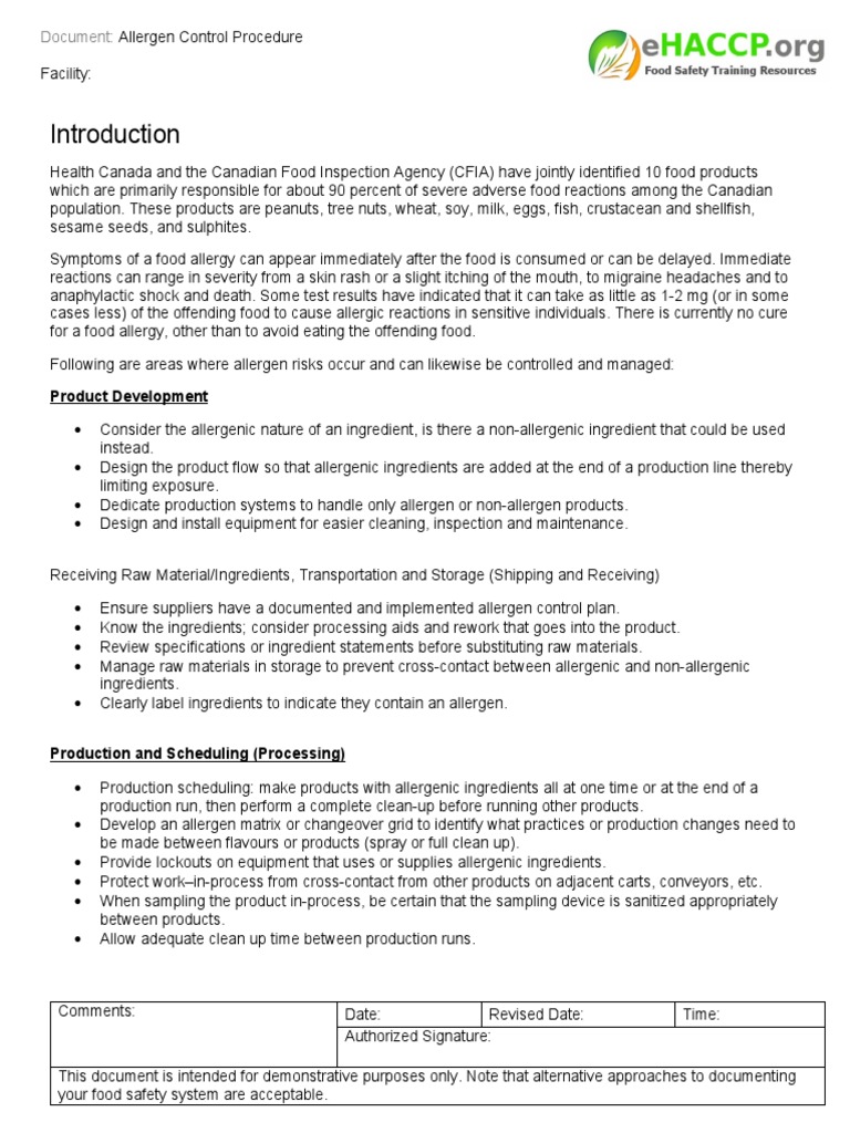 Ehaccp - Allergen Control Procedure | PDF | Food Allergy | Allergy