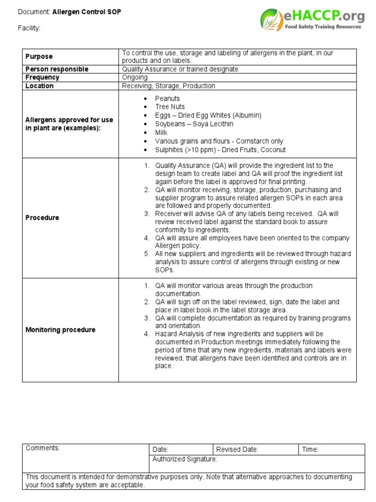 Ehaccp - Allergen Control SOP | Download Free PDF | Soybean ...