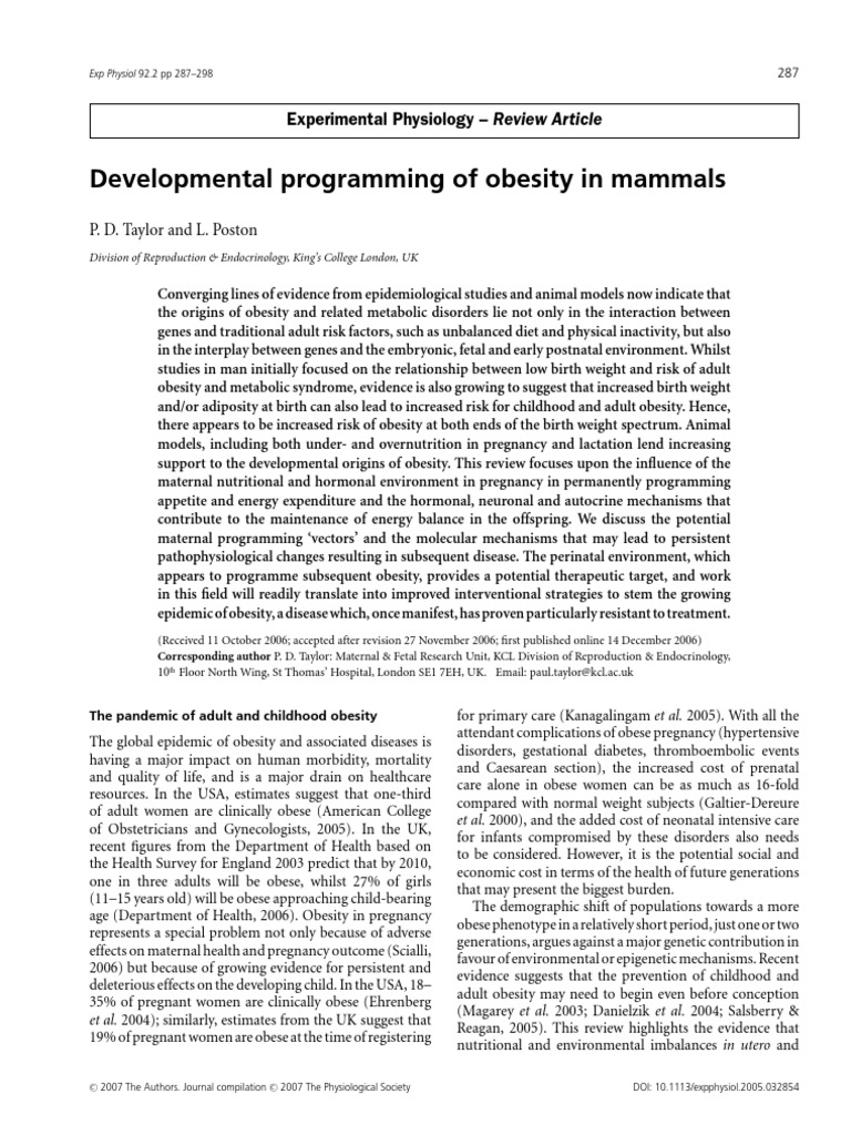 Experimental Physiology - 2007 - Taylor - Developmental Programming of ...