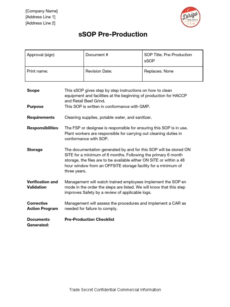 sSOP Pre-Production | PDF | Foods | Food Safety