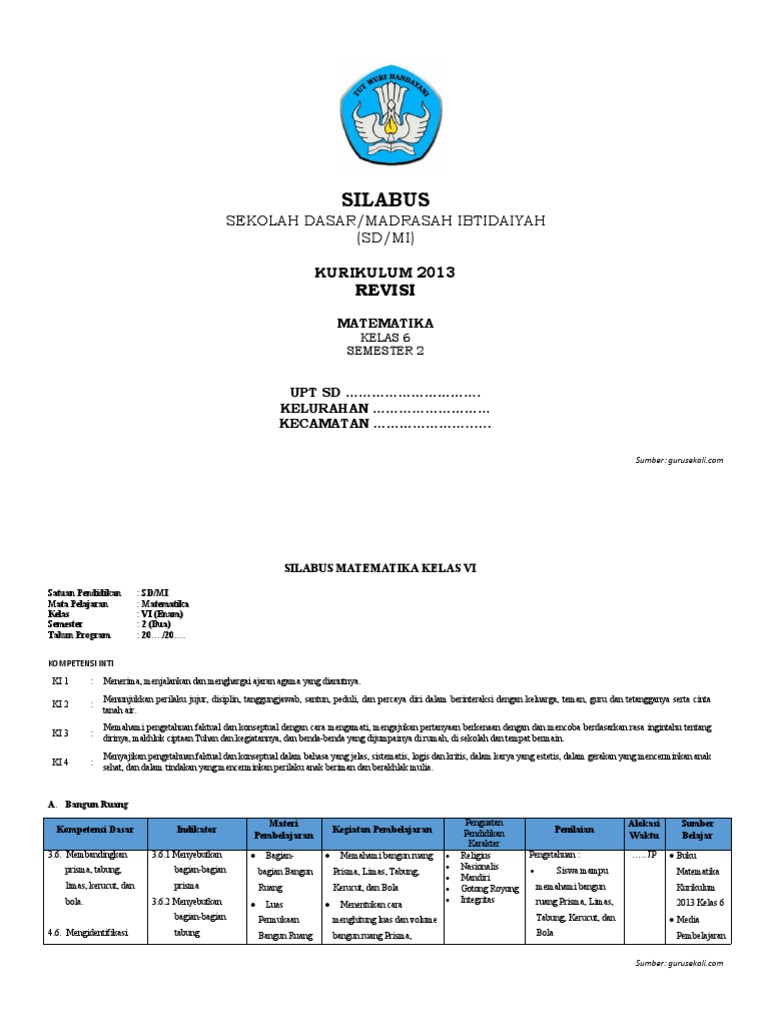 Silabus Matematika Kelas 6 Sem 2 | PDF