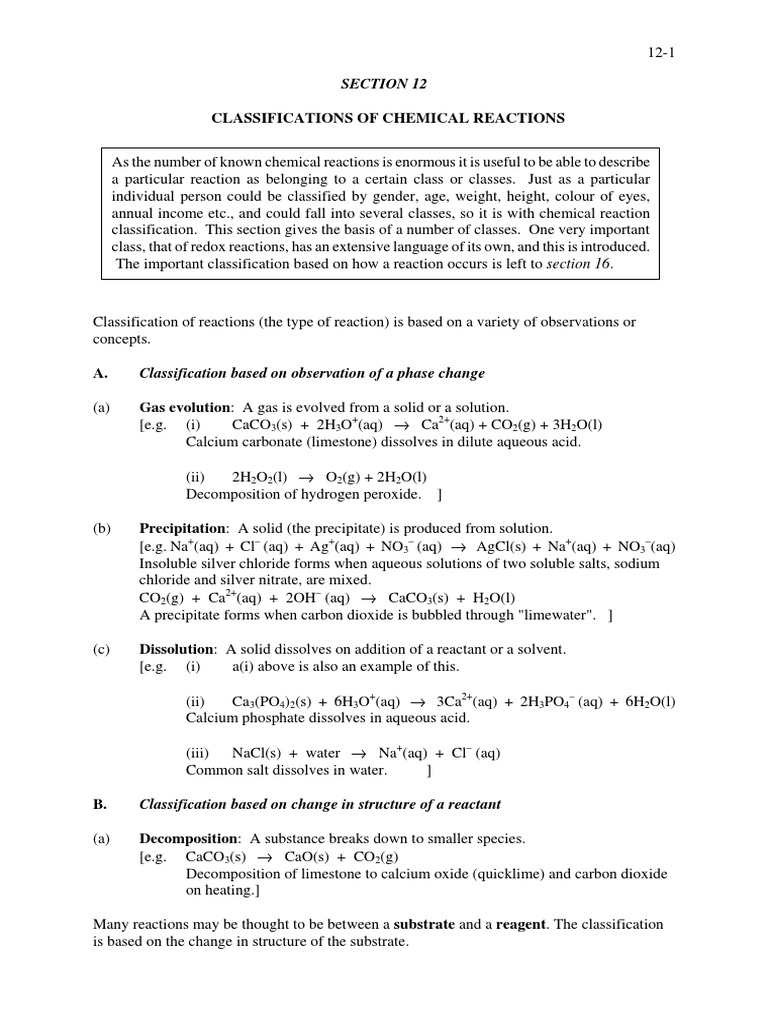 Classification of Chemical Reactions | PDF | Redox | Acid