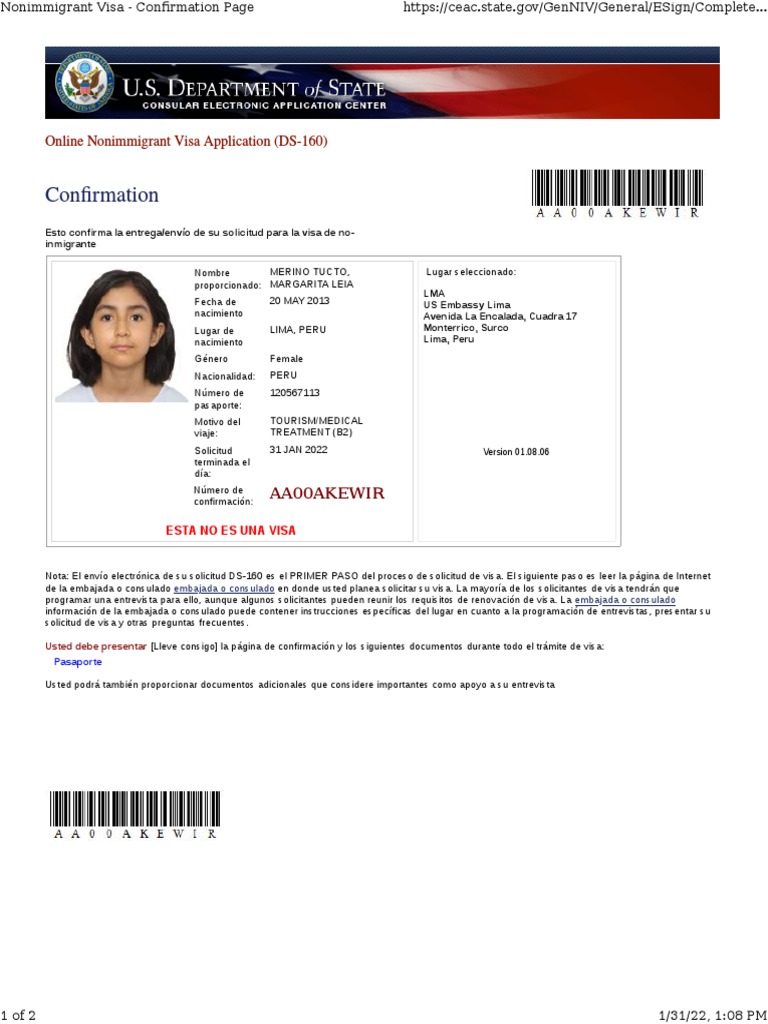 Nonimmigrant Visa - Confirmation Page | PDF | Visa de viaje | Oficina ...
