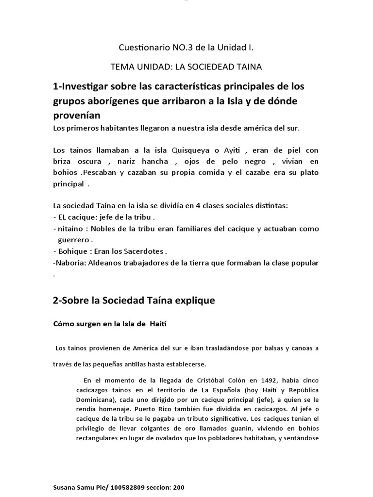 Cuestionario No.3 de La Unidad I. La Sociedad Taìna | PDF | Pueblos ...