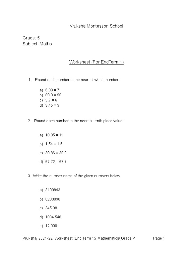 Grade 5 Worksheet (For End Term 1) | PDF | Rectangle | Area