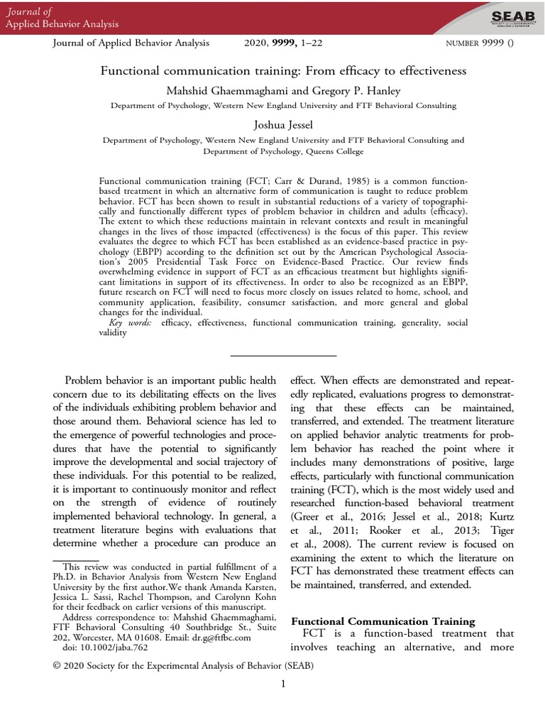 Functional Communication Training: From Ef Ficacy To Effectiveness ...