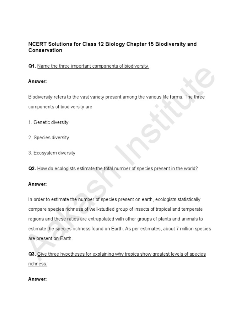 Ncert Solutions Class 12 Biology Chapter 15 Biodiversity and ...