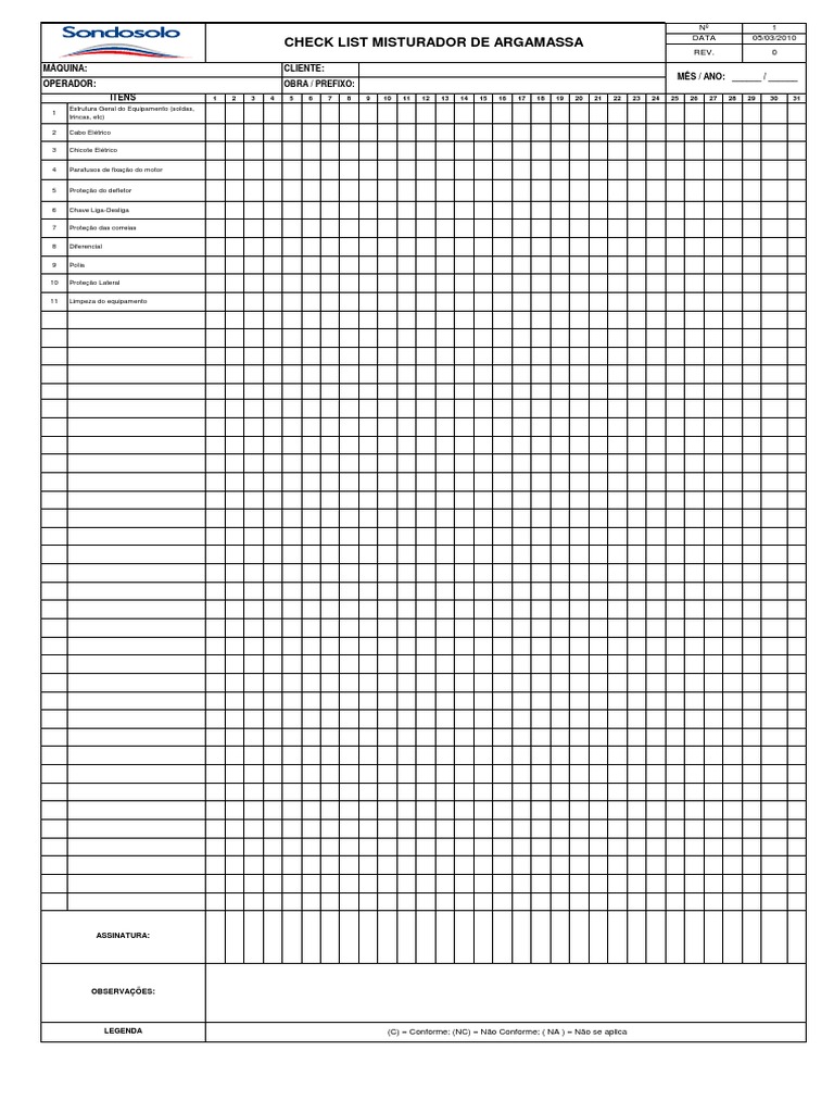 Check List Mensal - Misturador de Argamassa | PDF