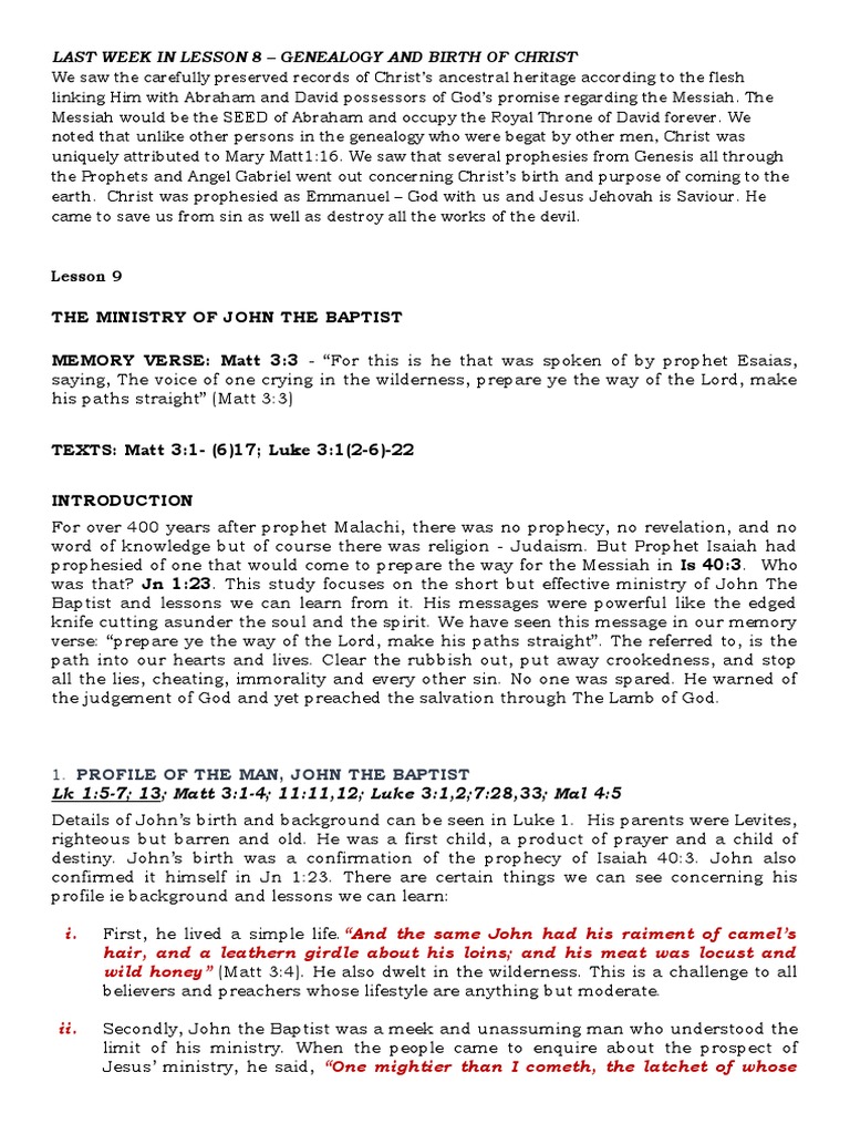 STS Lesson 9 JOHN THE BAPTIST | PDF | John The Baptist | Christianity