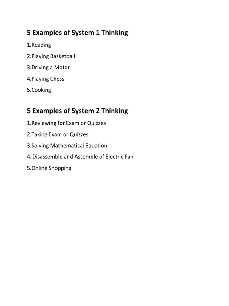 5 Examples of System 1 and System 2 Thinking | PDF