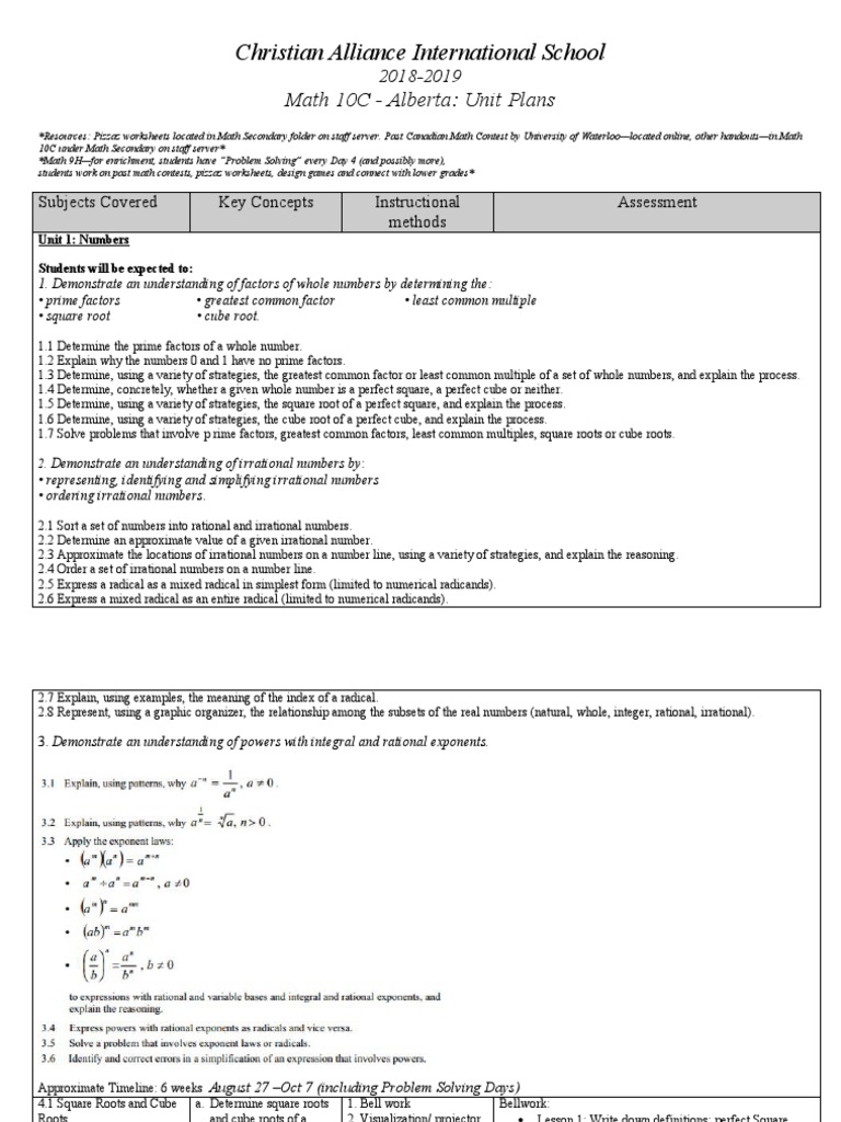 Math 10C - Unit Plans 2018-2019 | PDF | Trigonometric Functions | Triangle