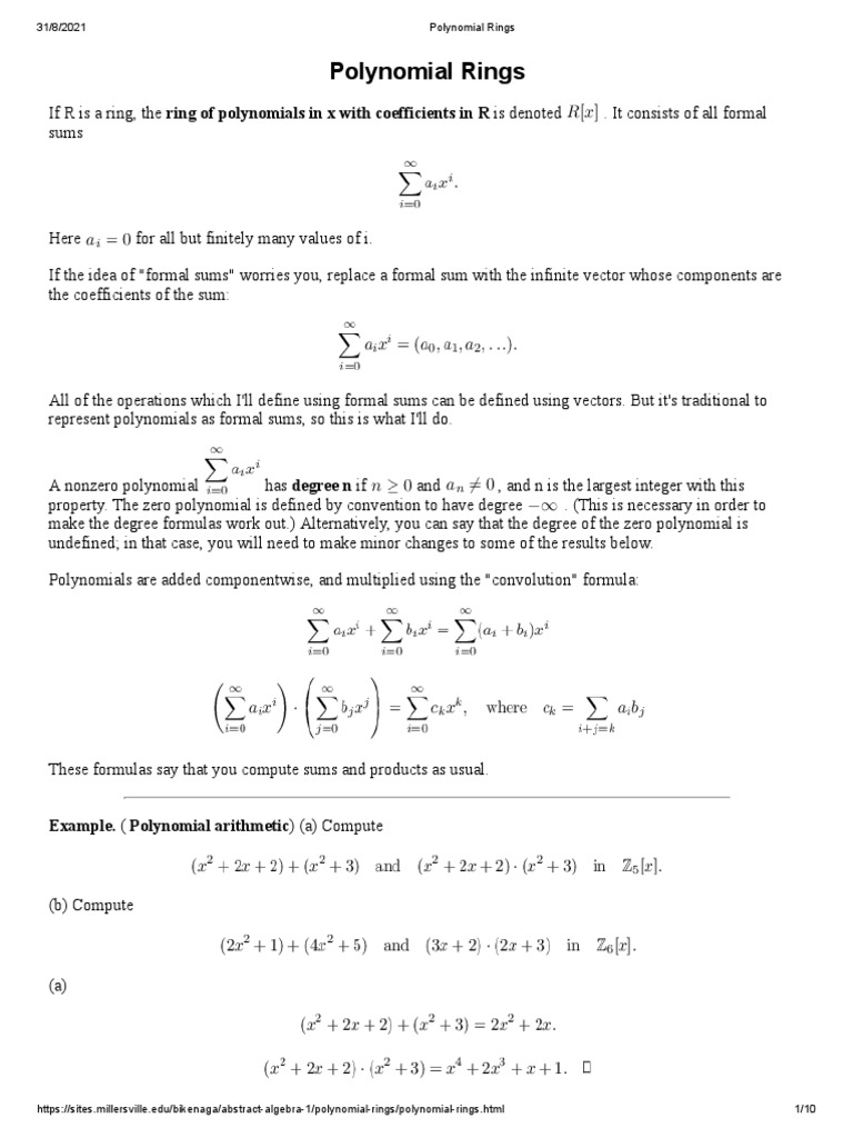 Polynomial Rings: Example. (Polynomial Arithmetic) (A) Compute | PDF | Polynomial | Factorization