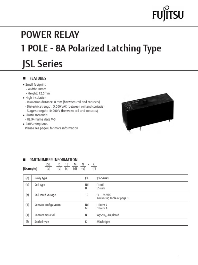 Power Relay JSL Series: 1 POLE - 8A Polarized Latching Type | PDF ...