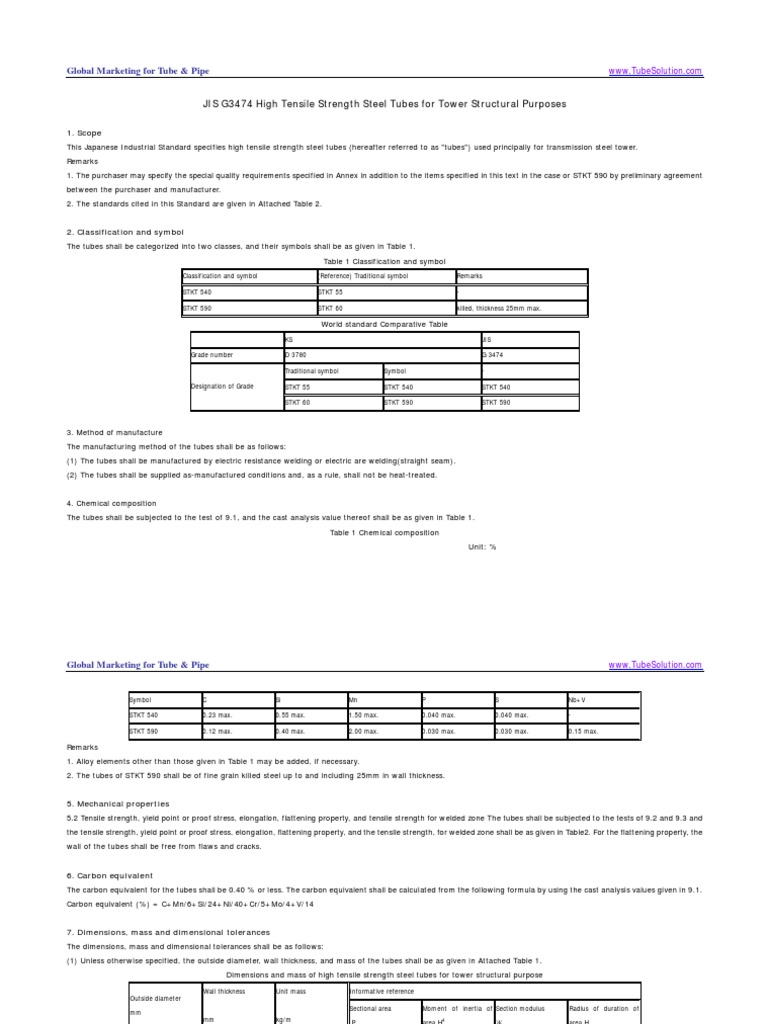 Jis G3474 | PDF | Pipe (Fluid Conveyance) | Strength Of Materials