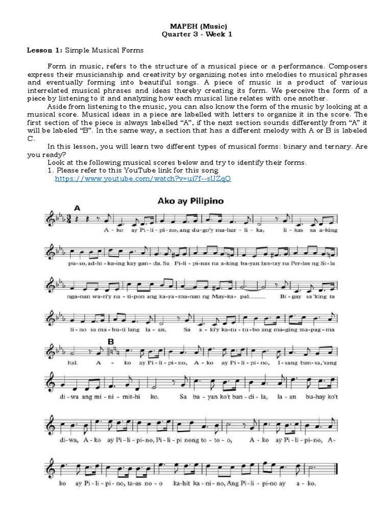 MAPEH (Music) Quarter 3 - Week 1 Lesson 1: Simple Musical Forms ...