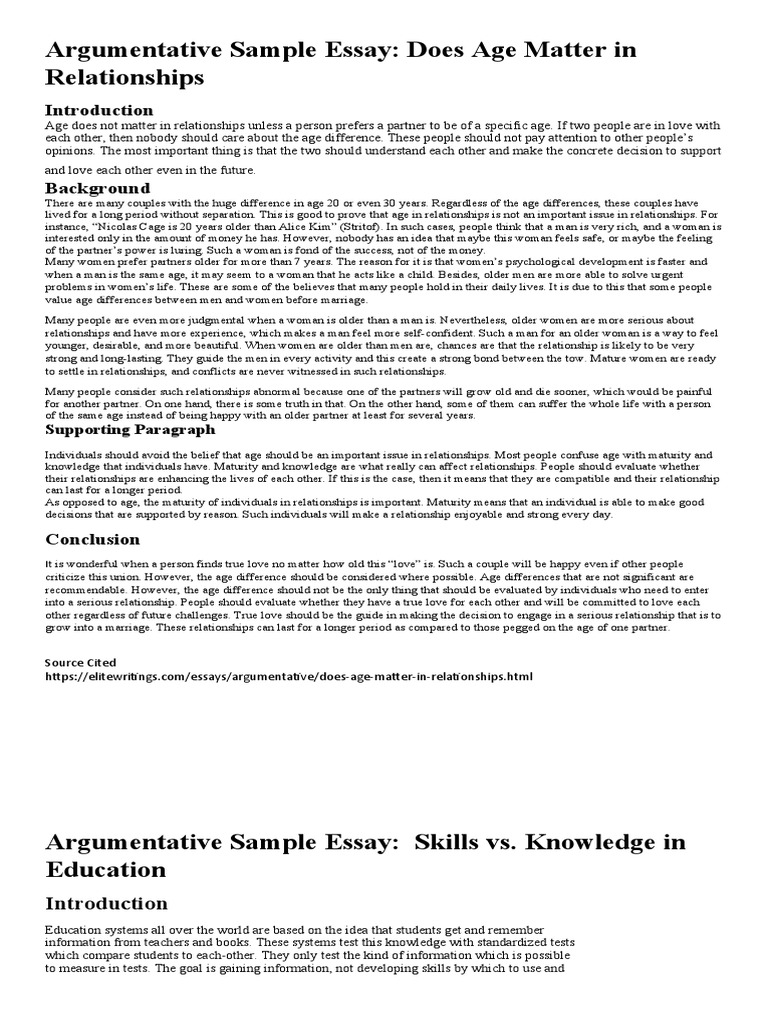 Argumentative Sample Essay: Does Age Matter in Relationships | PDF ...