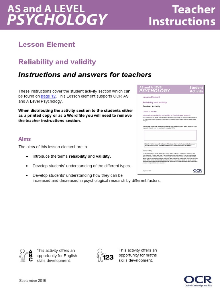 Lesson Element Reliability and Validity: Instructions and Answers For ...