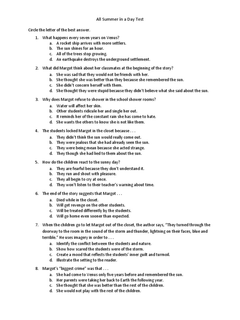All Summer in a Day Test Questions | PDF