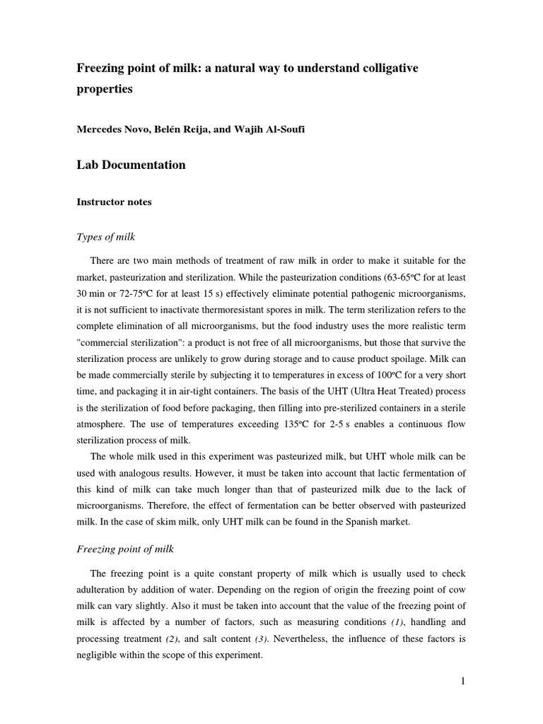 Freezing Point of Milk: A Natural Way To Understand Colligative ...