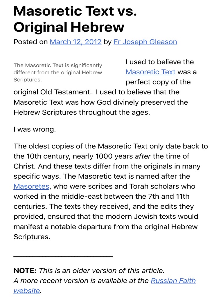 Masoretic Text vs. Original Hebrew - The Orthodox Life | Download Free ...
