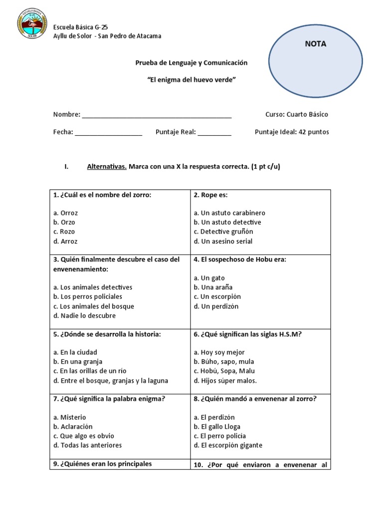 El Enigma Del Huevo Verde. Evaluación | PDF