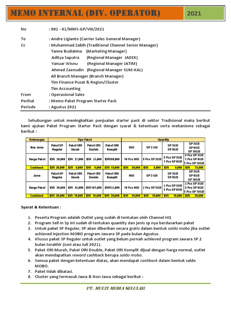 Memo Internal (Div. Operator) : Syarat & Ketentuan | PDF