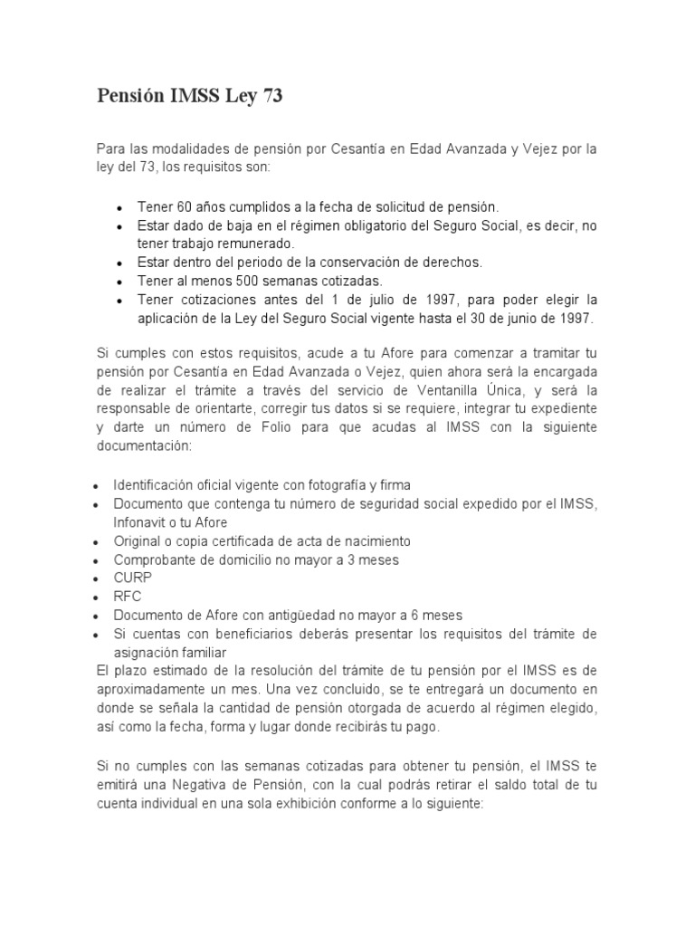 Pensión IMSS Ley 73 Requisitos | PDF | Finanzas y dinero