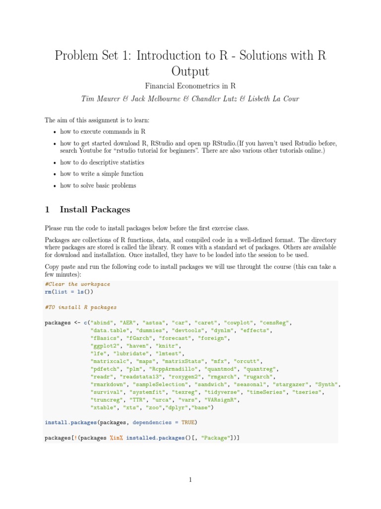 Problem Set 1: Introduction To R - Solutions With R Output: 1 Install Packages | PDF ...
