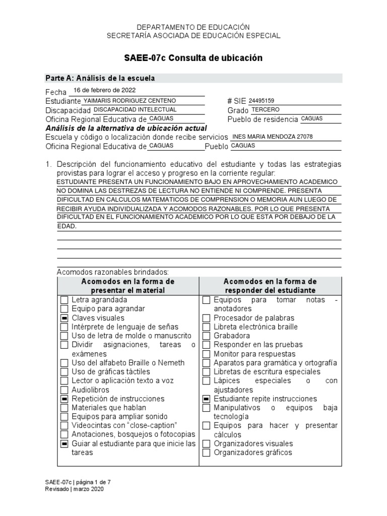 Saee 07c Consulta de Ubicacion | PDF | Educación especial | Cognición