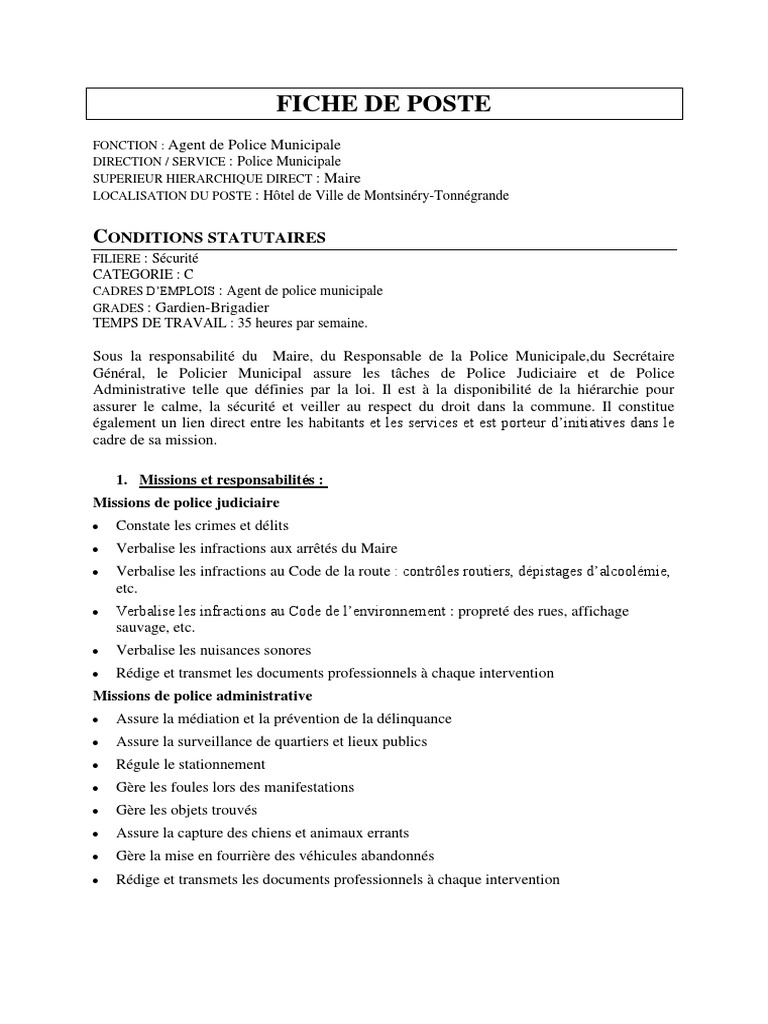 Fiche de Poste - Police Municipale Gardien Brigadier | PDF | Officier ...