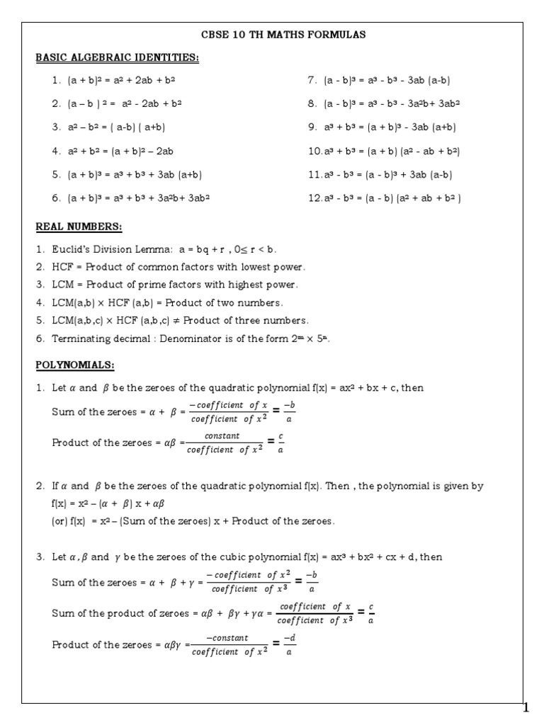 Cbse 10 TH Maths Formulas Basic Algebraic Identities | PDF | Polynomial ...