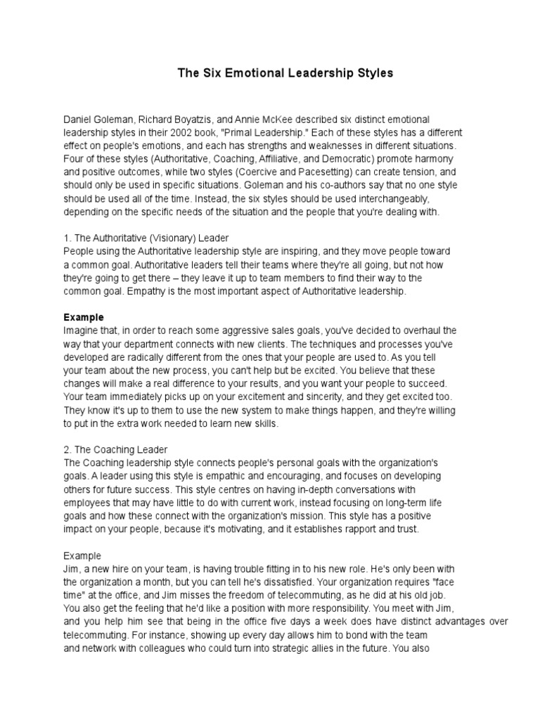 The Six Emotional Leadership Styles: Example | Download Free PDF ...